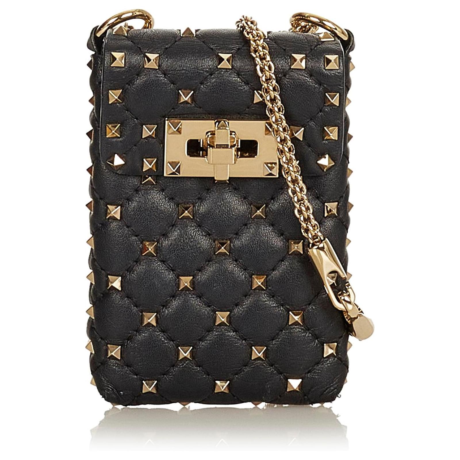 Valentino Black Rockstud Spike Leather Phone Case Pony-style calfskin ...