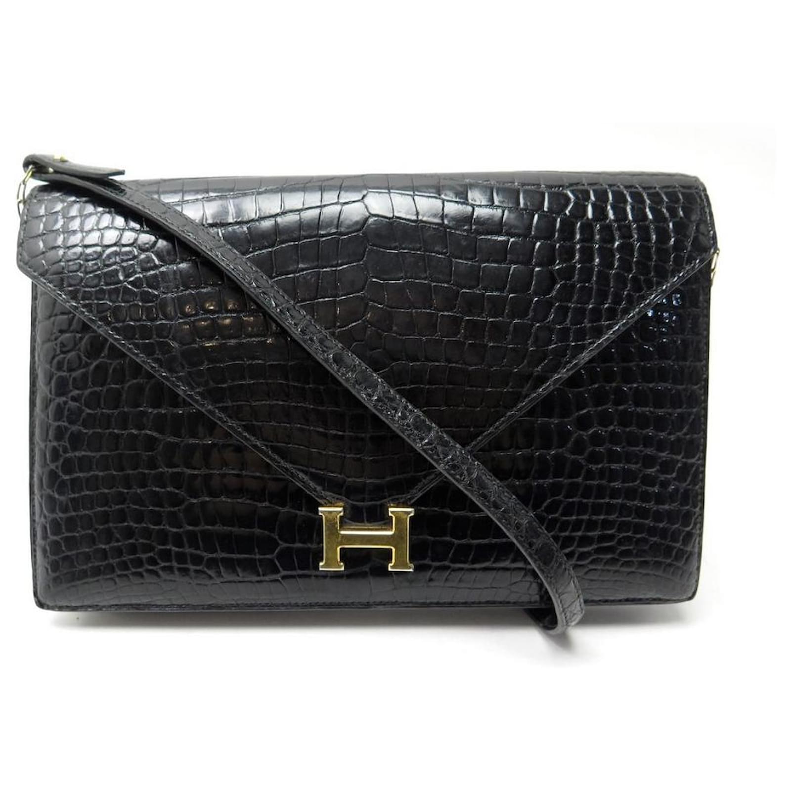 Hermès BOLSO VINTAGE HERMES LYDIE COCODRILO POROSUS NEGRO BOLSO DE MANO ...