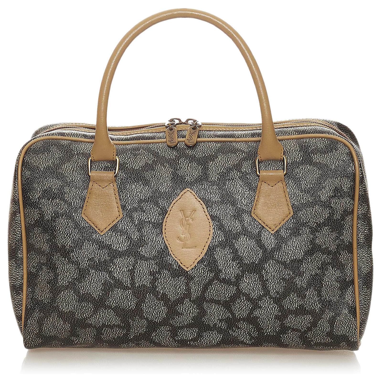 Yves Saint Laurent YSL Brown PVC Handbag Beige Grey Leather Plastic ...