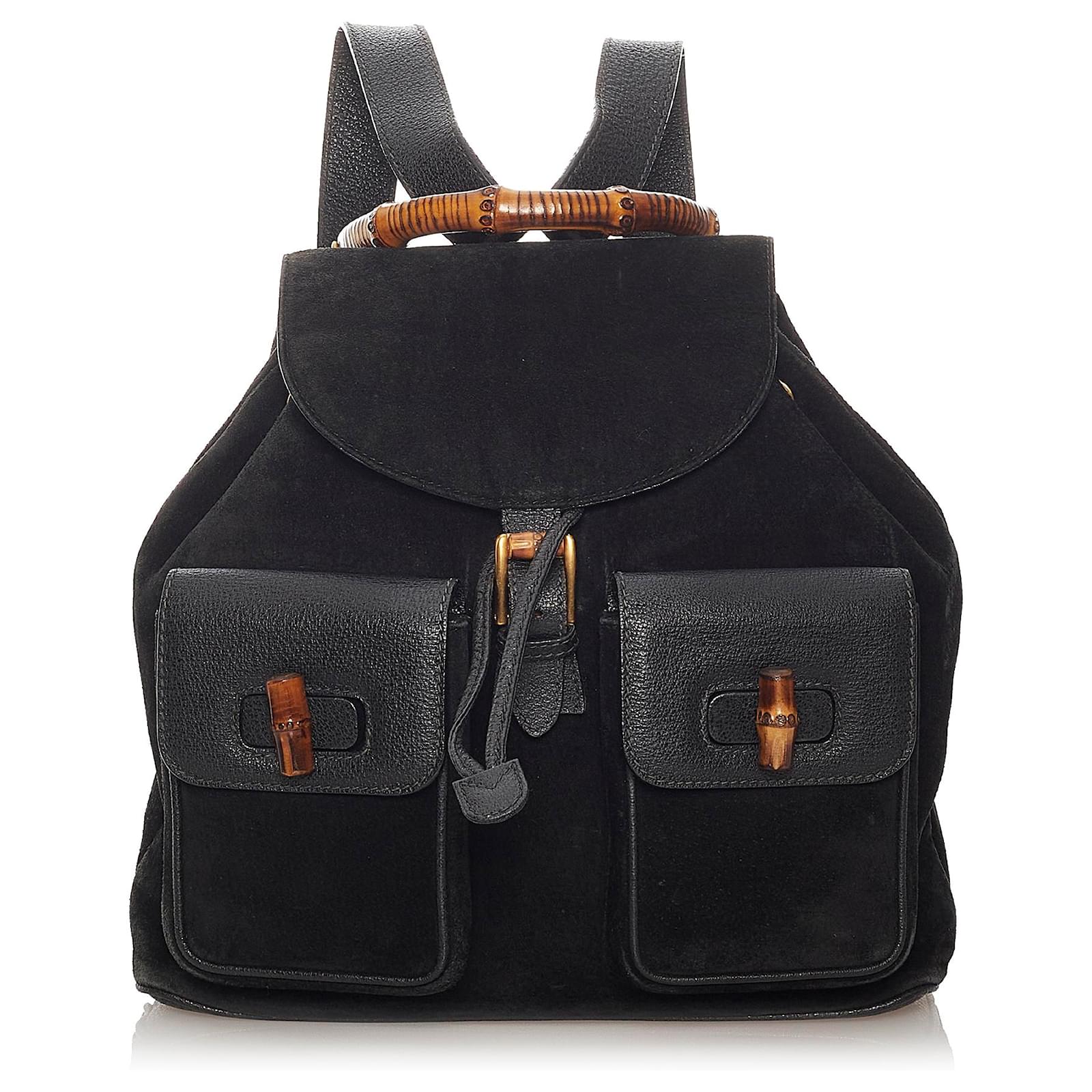 Gucci Black Bamboo Suede Drawstring Backpack Leather Pony-style ...