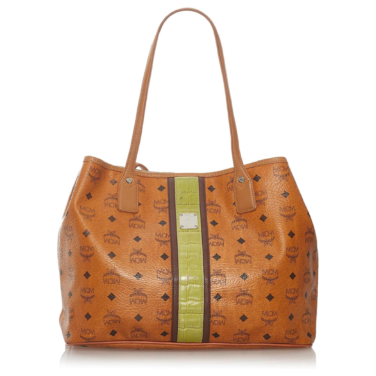 MCM Brown Visetos Leather Tote Bag Green Light green Pony-style ...
