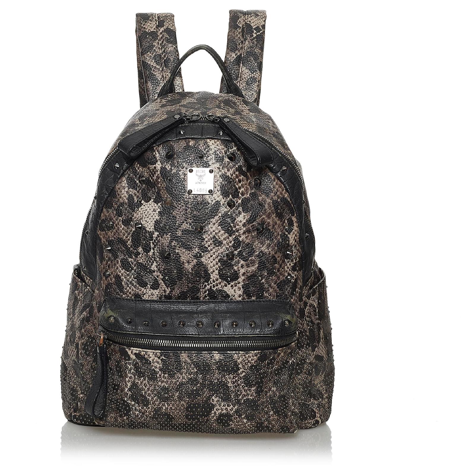 MCM Brown Visetos Leopard Print Leather Backpack Black Pony-style ...