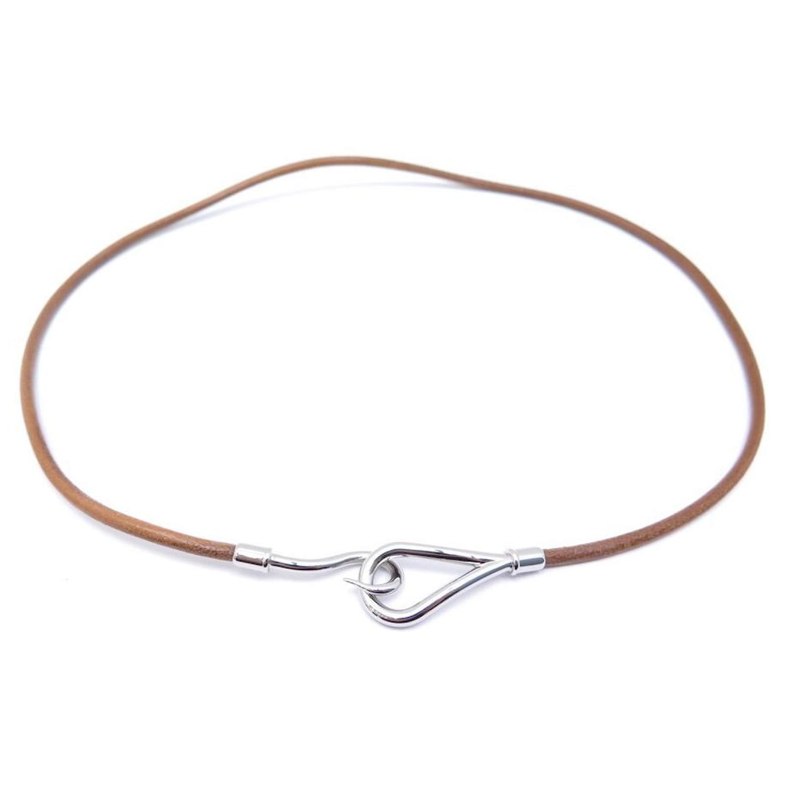 Hermès NEW NECKLACE HERMES JUMBO BROWN LEATHER & PALLADY STEEL TRIPLE ...