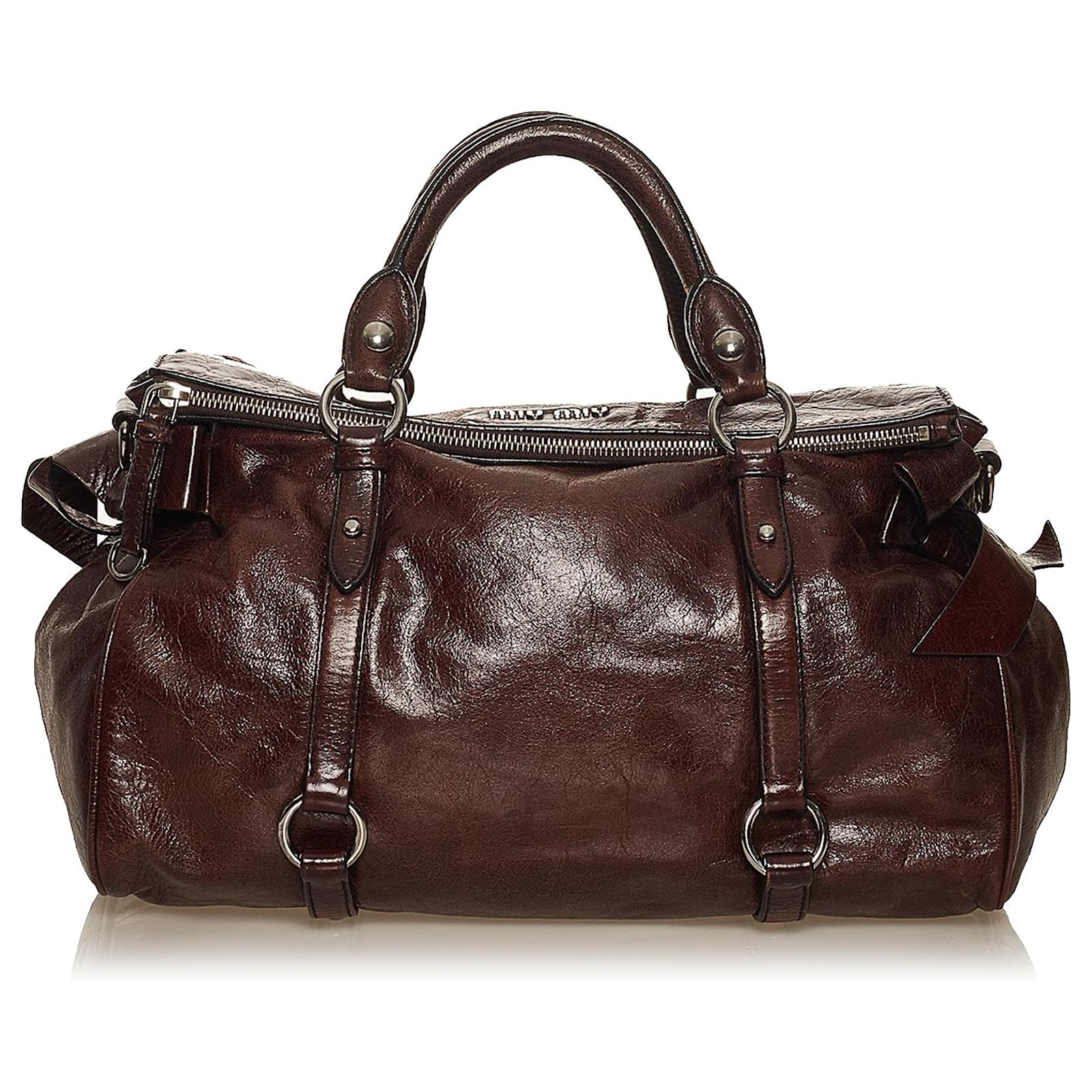 Miu Miu Brown Vitello Lux Bow Satchel Dark brown Leather Pony-style ...