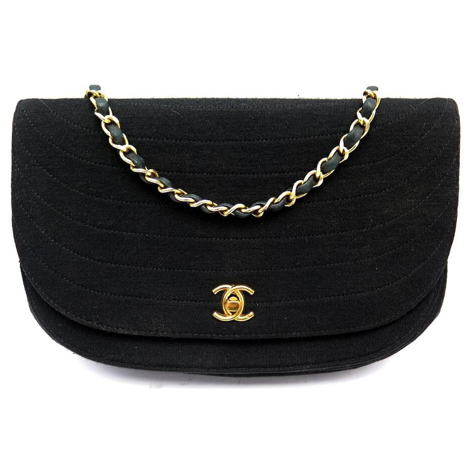VINTAGE CHANEL TIMELESS HANDBAG IN BLACK JERSEY CANVAS CLASP LOGO CC ...