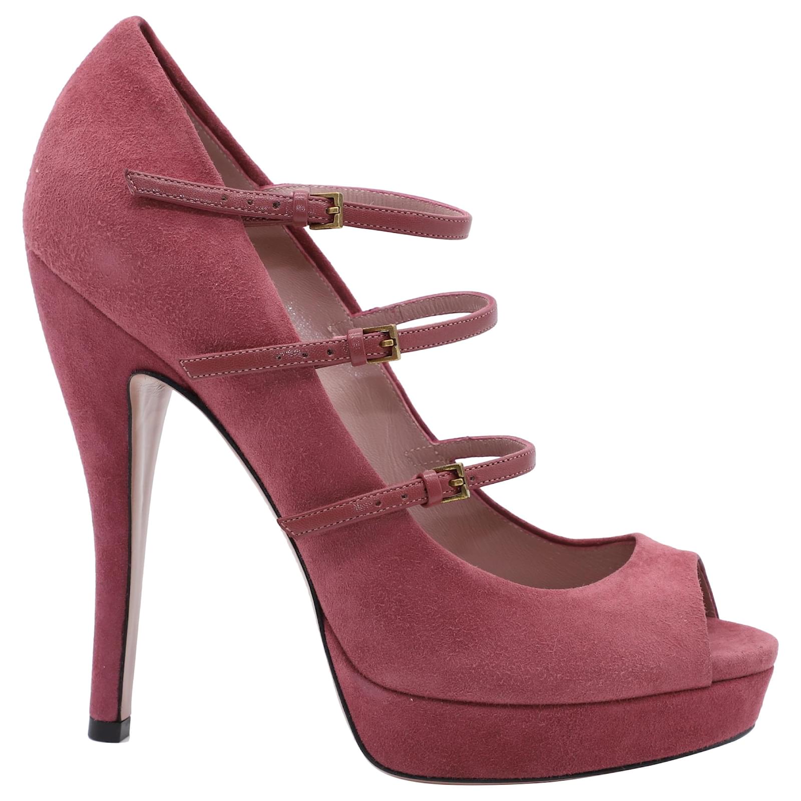 Escarpins Gucci Lisbeth à triple bride en daim rose Suede ref.484797 ...