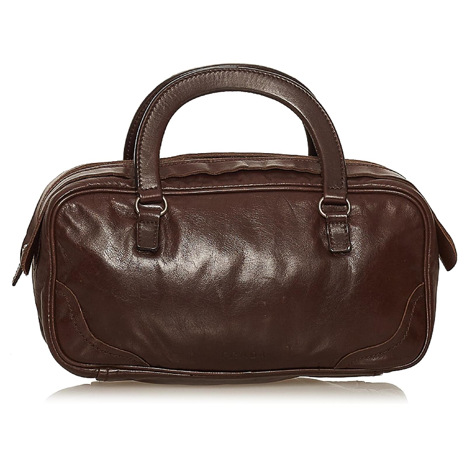 Prada Brown Leather Boston Bag Dark brown Pony-style calfskin ref ...