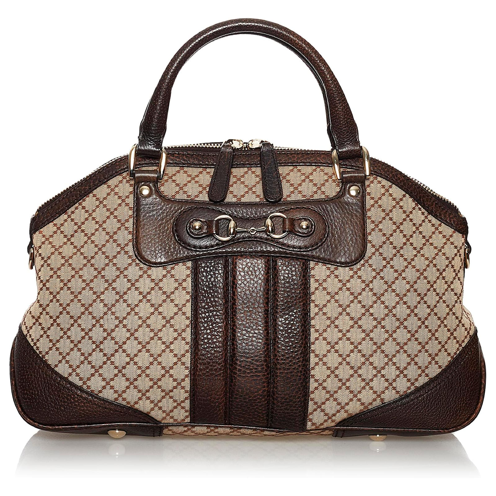 Gucci Brown Diamante Horsebit Catherine Satchel Beige Dark brown ...