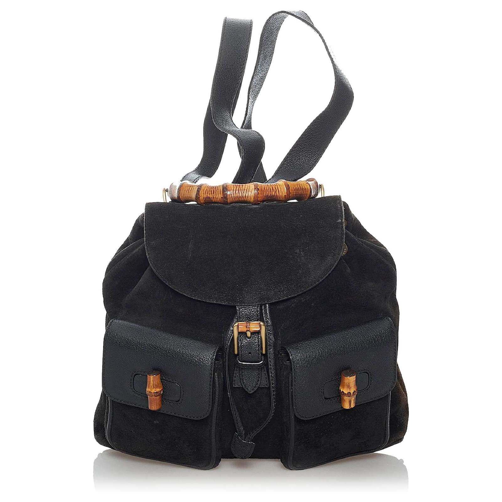 Gucci Black Bamboo Suede Drawstring Backpack Leather ref.496849 - Joli ...