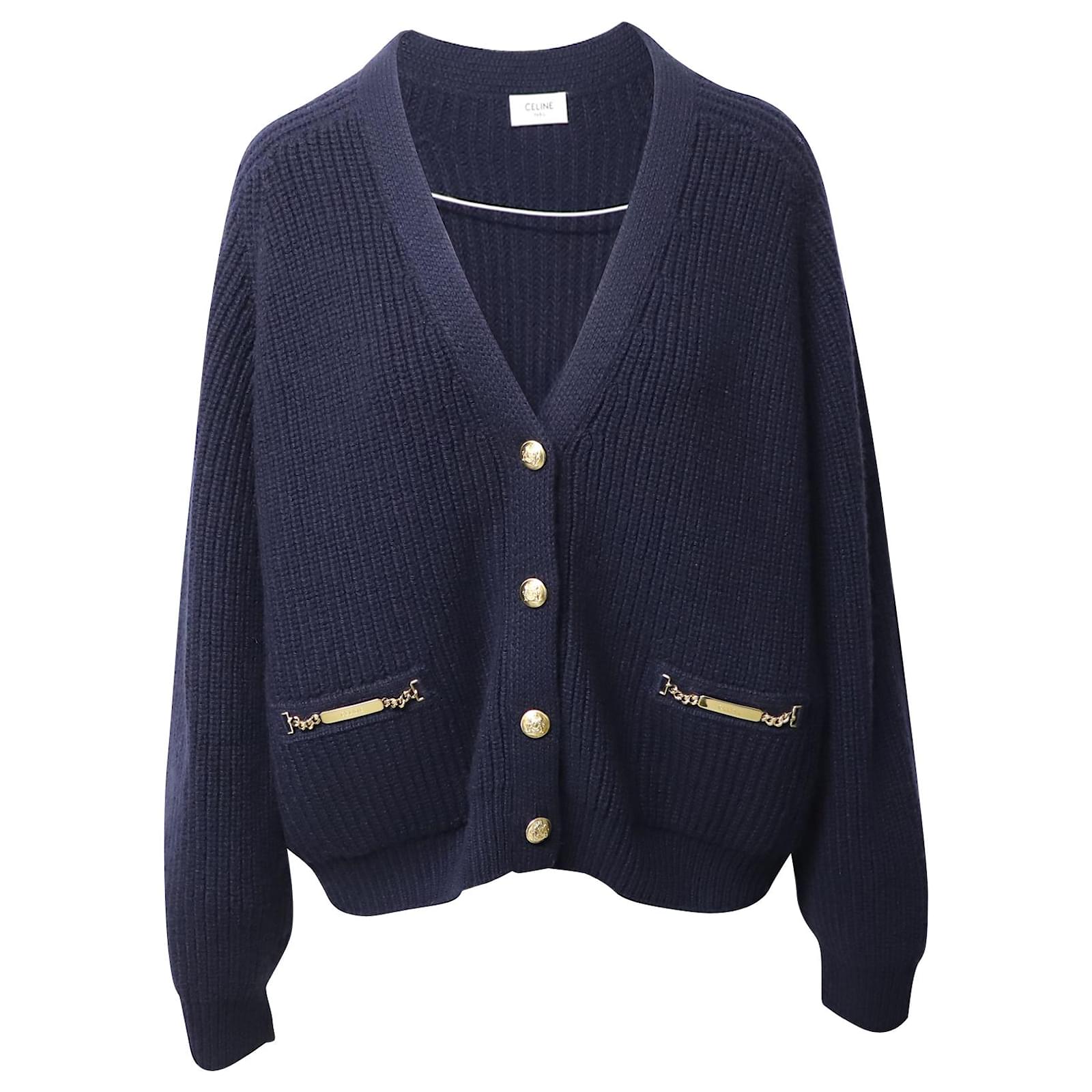 Céline Celine Chain Embellished Cardigan in Navy Blue Cashmere Wool ref ...