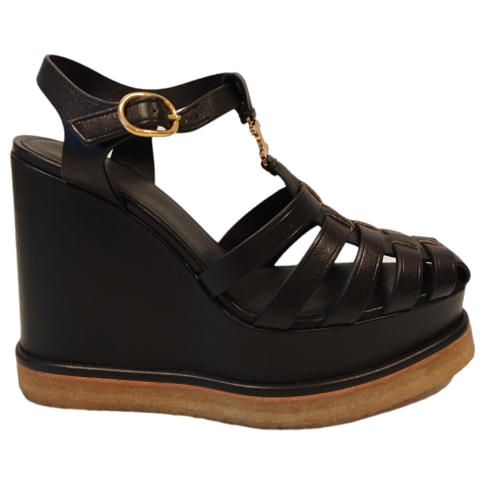 Céline Celine sandals with wedge heel Triomphe Black Leather ref.500245 ...