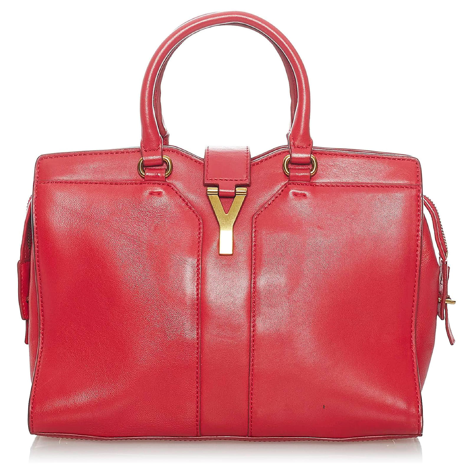 Yves Saint Laurent YSL Red Cabas Chyc Ligne Leather Satchel Pony-style ...