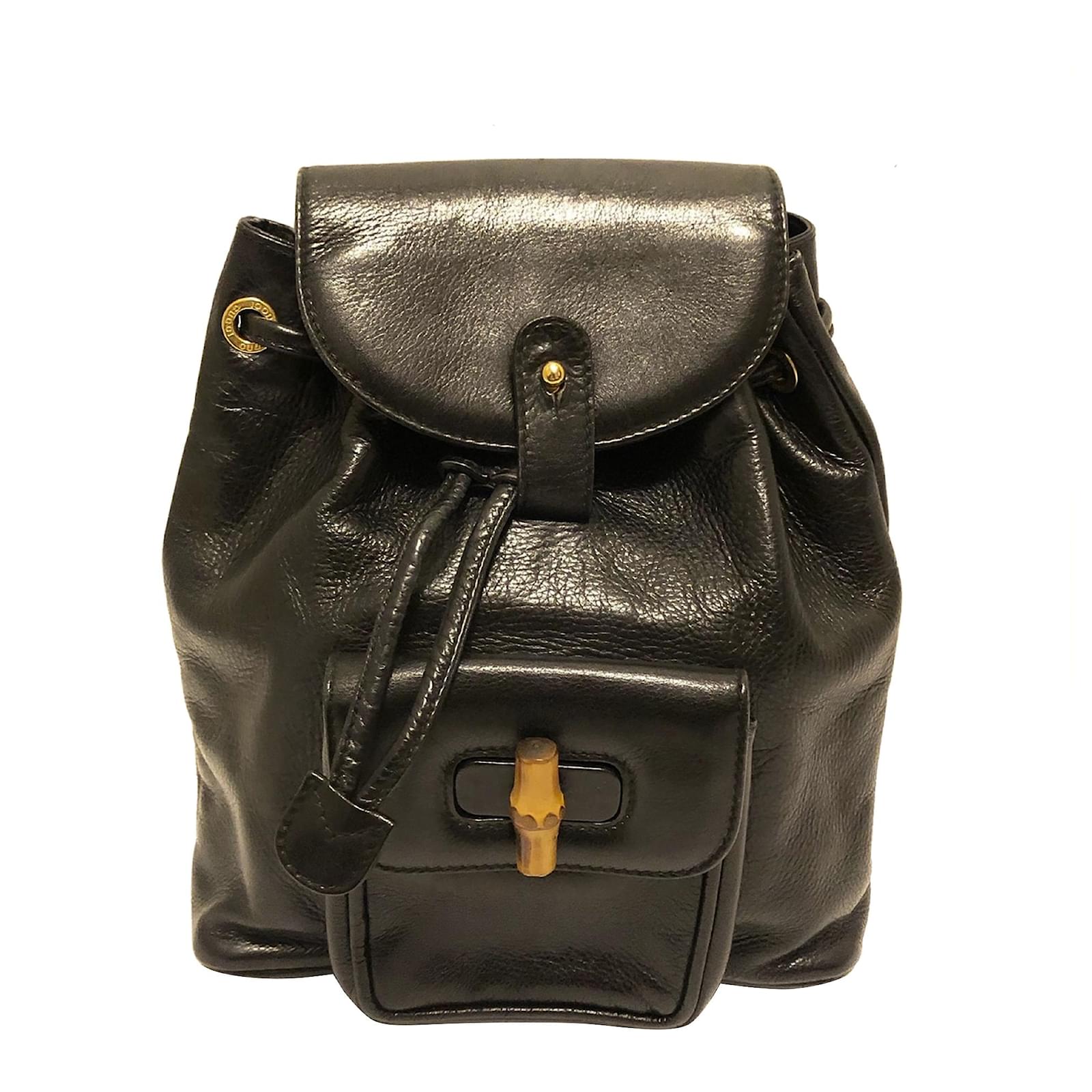 Gucci Black Bamboo Drawstring Leather Backpack Pony-style calfskin ref ...