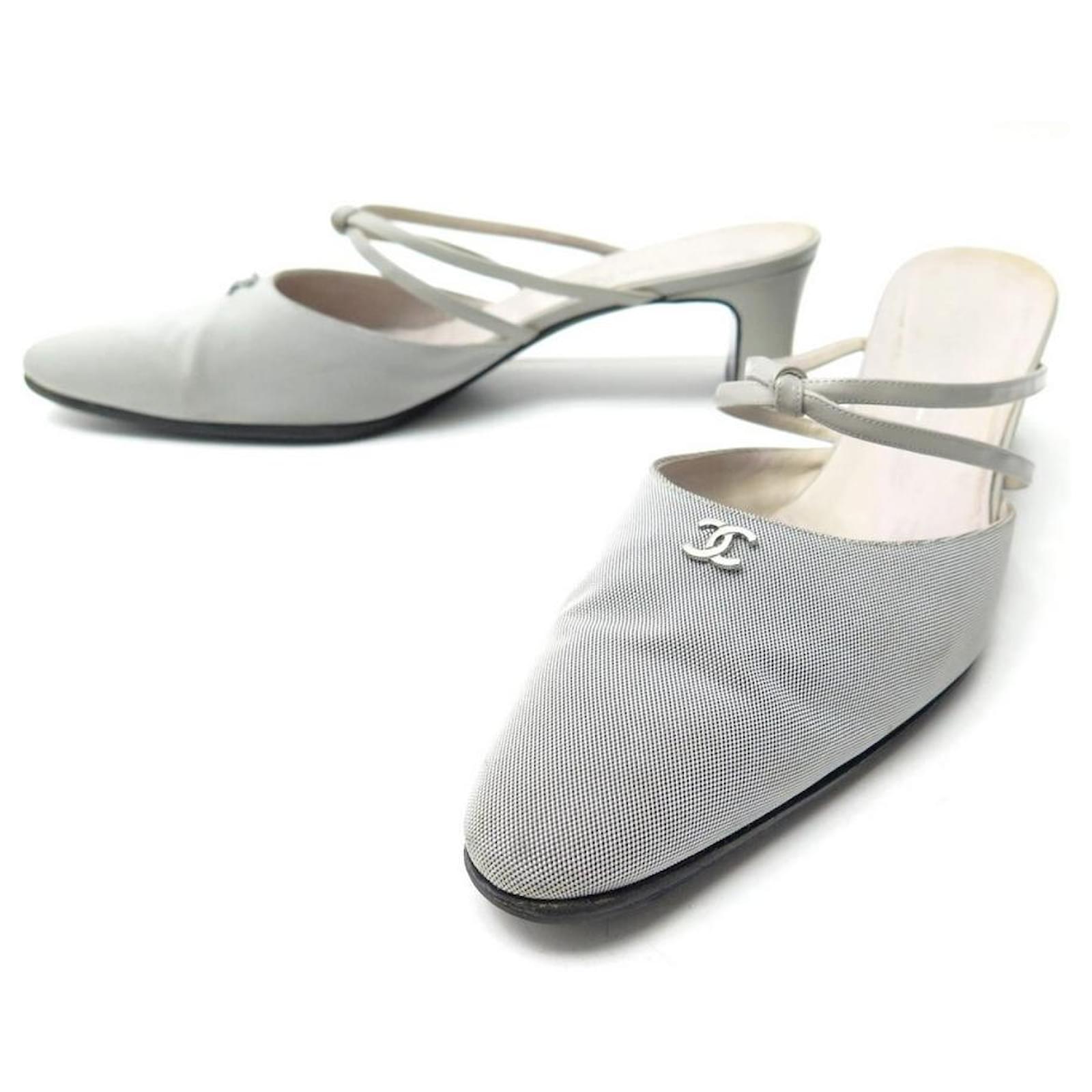 CHAUSSURES CHANEL ESCARPINS MULES A TALONS 84953 39 TISSU GRIS PUMP ...