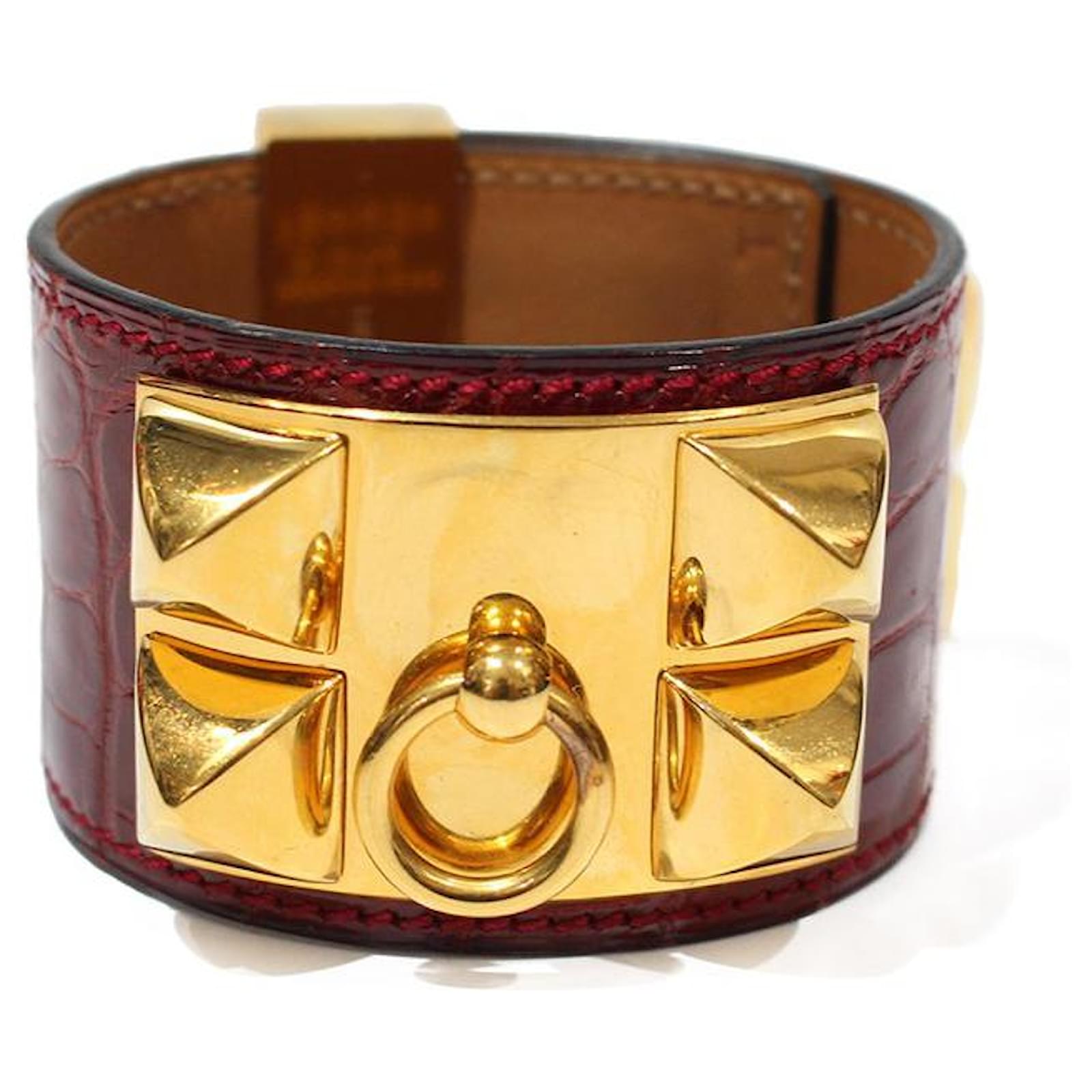 Hermès Bracelets Dark red Gold hardware Leather Metal ref.540150 - Joli ...