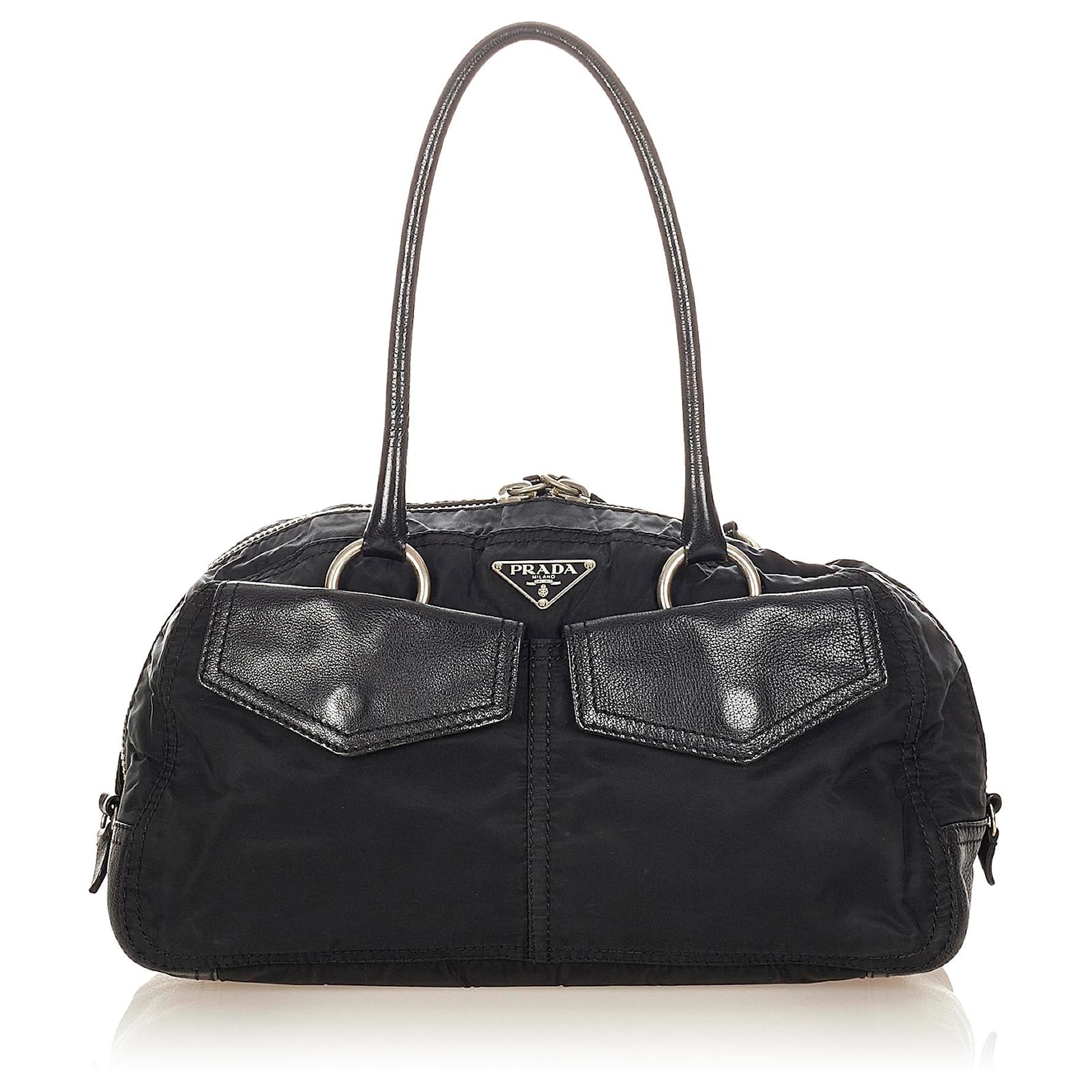 Prada Black Tessuto Boston Bag Leather Pony-style calfskin Nylon Cloth ...