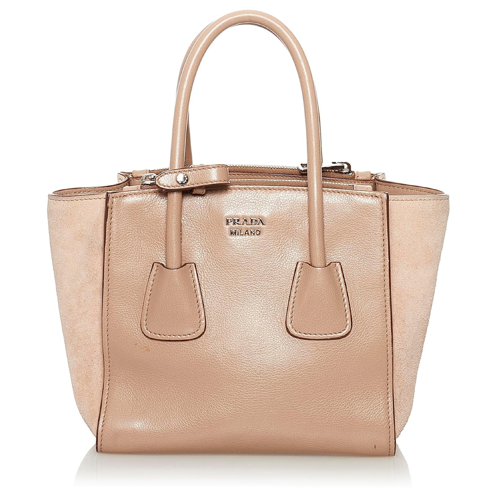 Prada Brown Twin Pocket Leather Satchel Beige Suede Pony-style calfskin ...