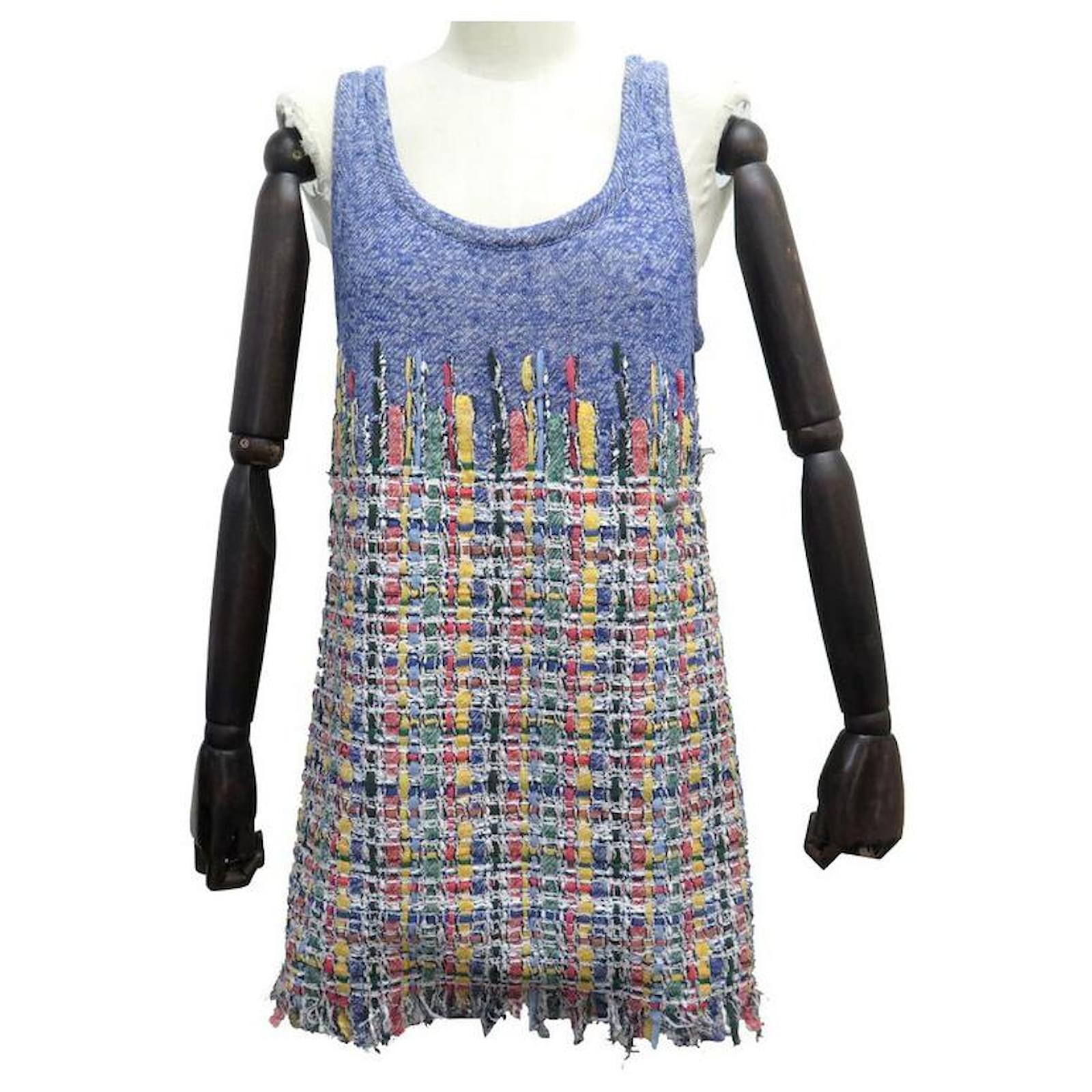 NEUF ROBE CHANEL COURTE DEBARDEUR P50987W05628 TWEED COTON BLEU L 42 ...