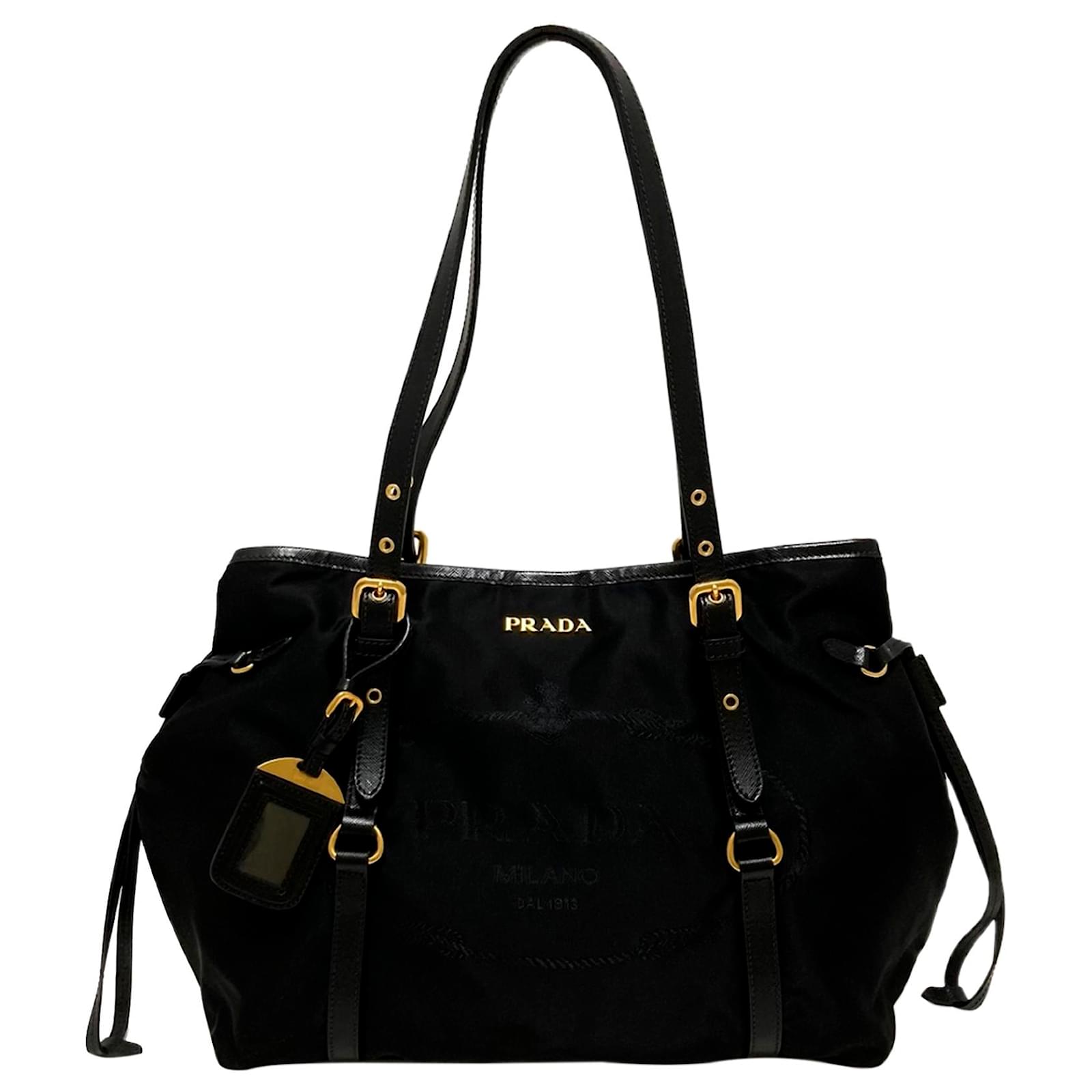 Prada Black Tessuto Drawstring Tote Bag Leather Pony-style calfskin ...