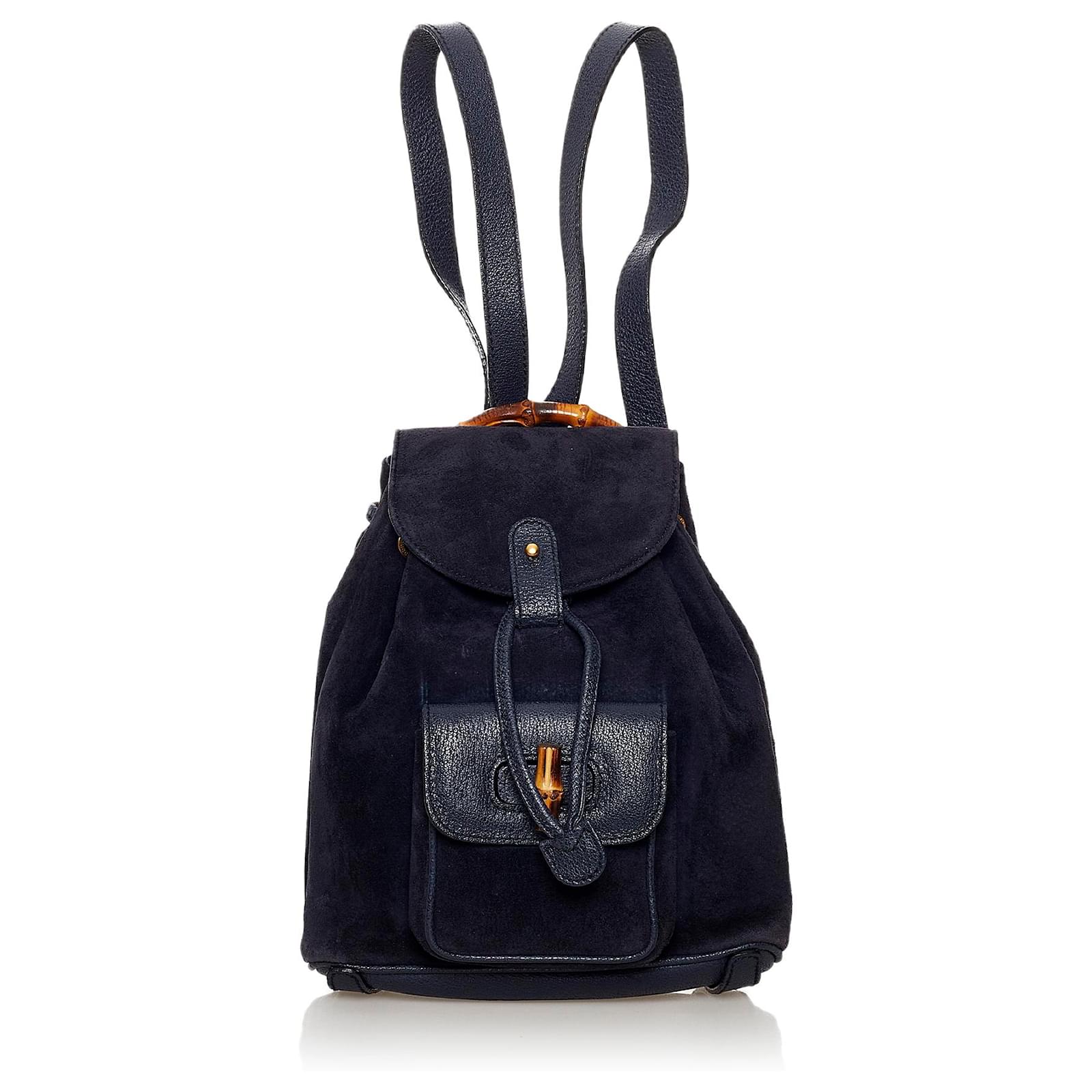 Gucci Blue Bamboo Suede Backpack Navy blue Leather Pony-style calfskin ...