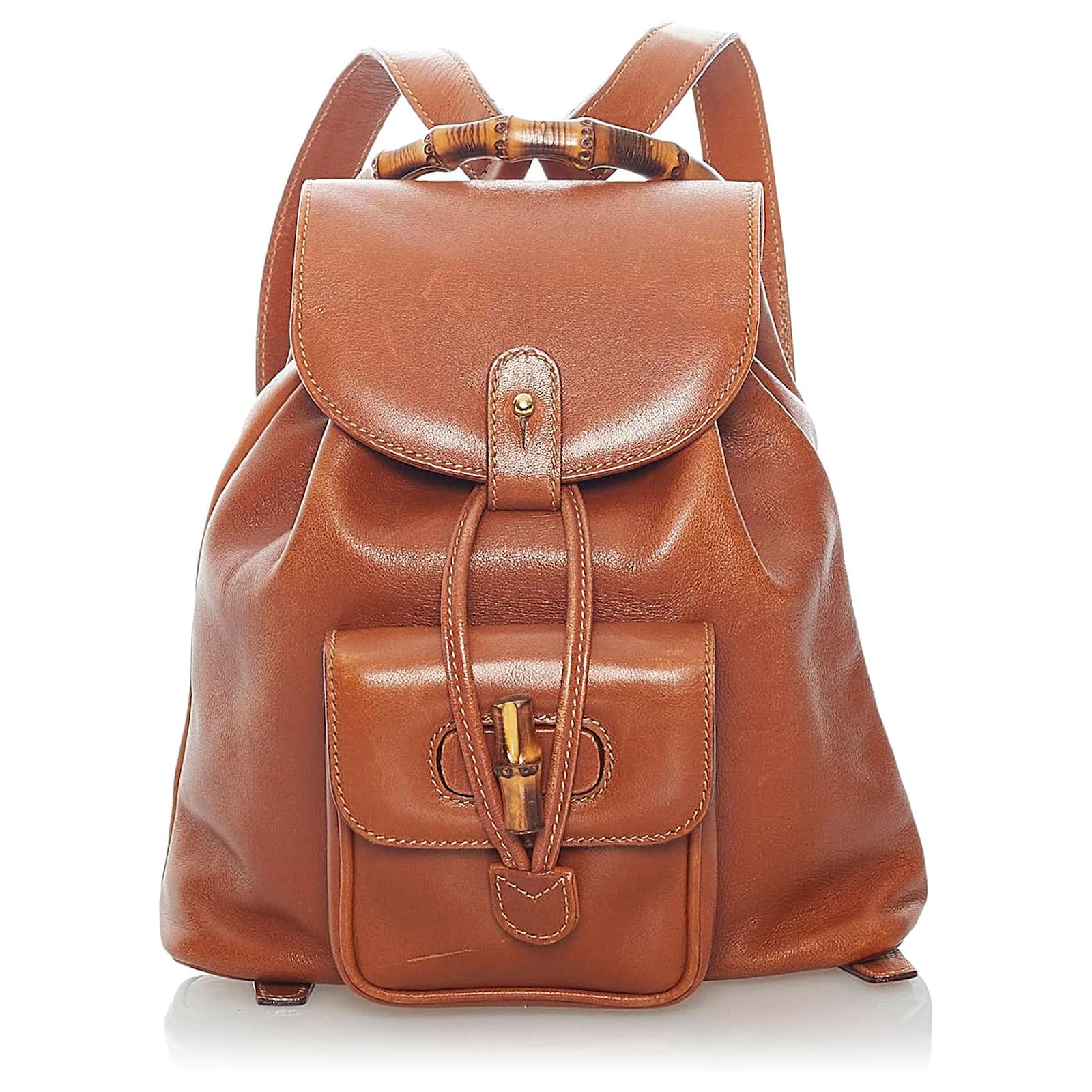 Gucci Brown Mini Bamboo Leather Drawstring Backpack Pony-style calfskin ...