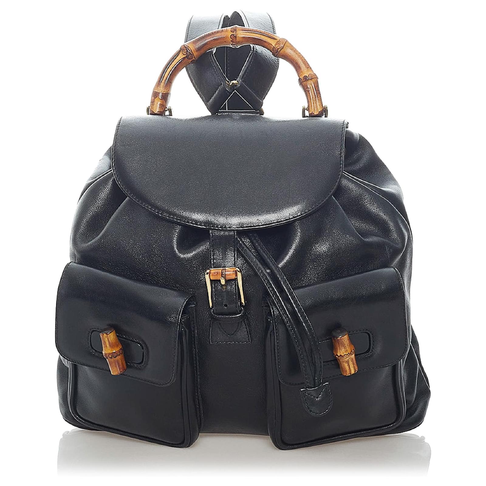 Gucci Black Bamboo Drawstring Leather Backpack Pony-style calfskin ref ...