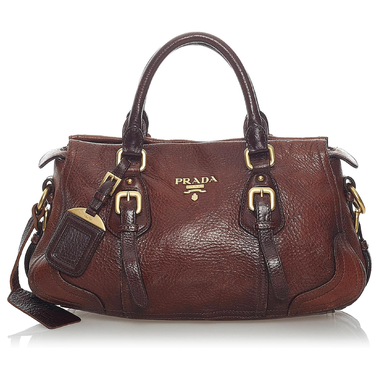 Prada Brown Vitello Daino Satchel Dark brown Leather Pony-style ...