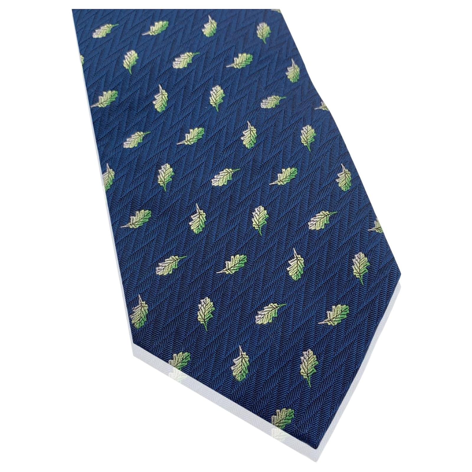 Hermès Hermes Paris Vintage Green Silk Leaves Pattern Neck Tie Blue ref ...