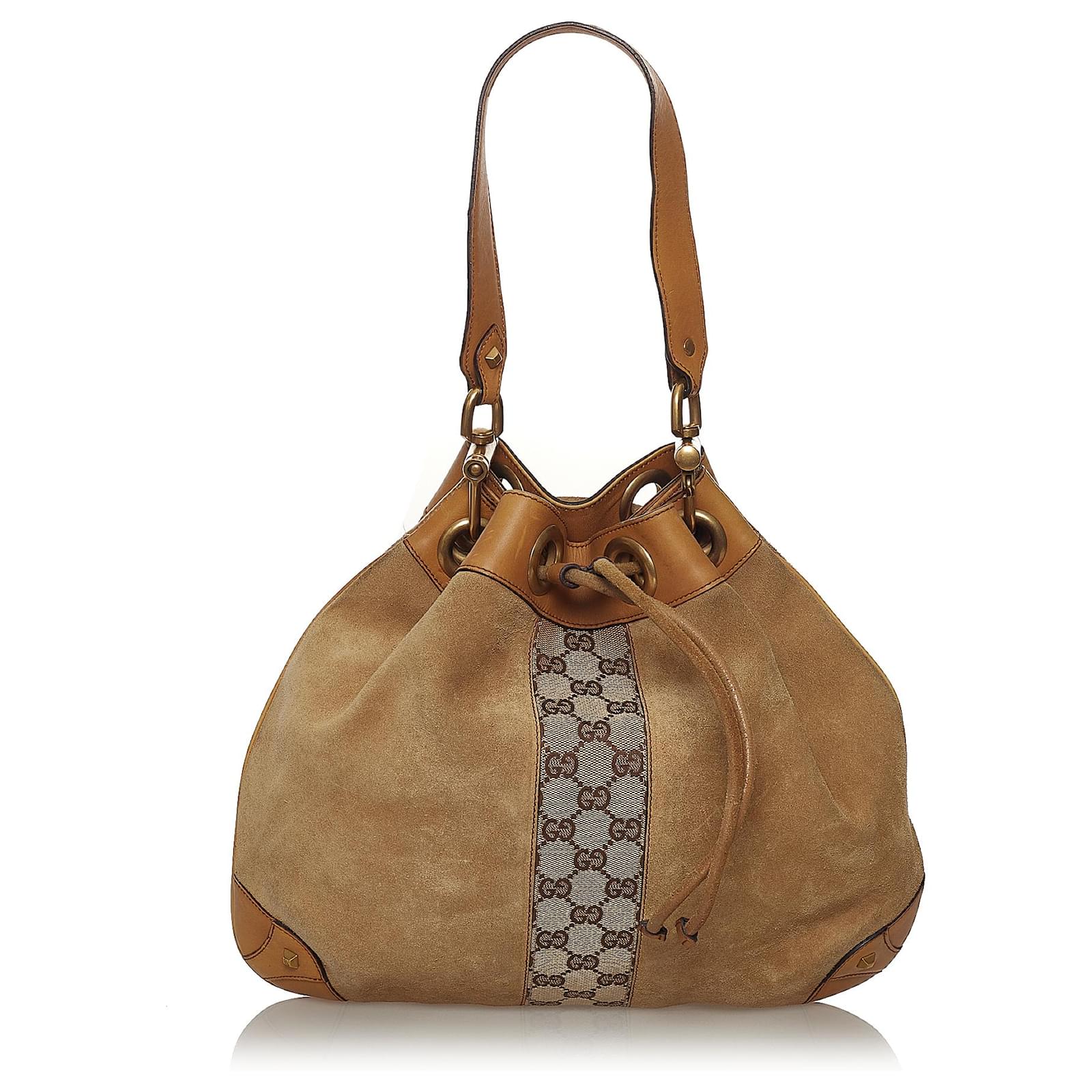 Sac seau en daim marron GG Gucci Suede Cuir Veau façon poulain Beige ...