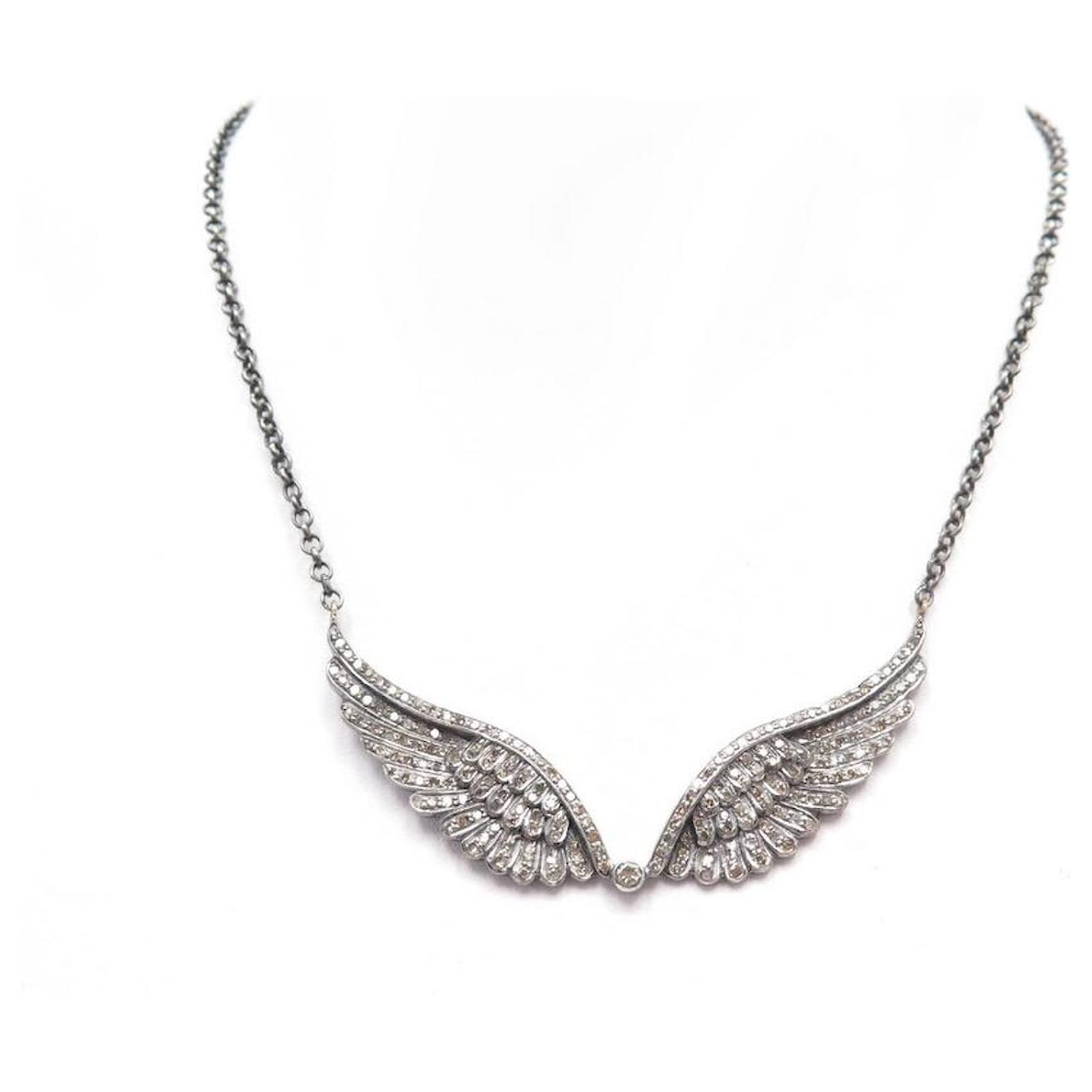 COLLIER DJULA PENDENTIF AILES D'ANGE EN ARGENT 925 SERTI DE DIAMANTS ...