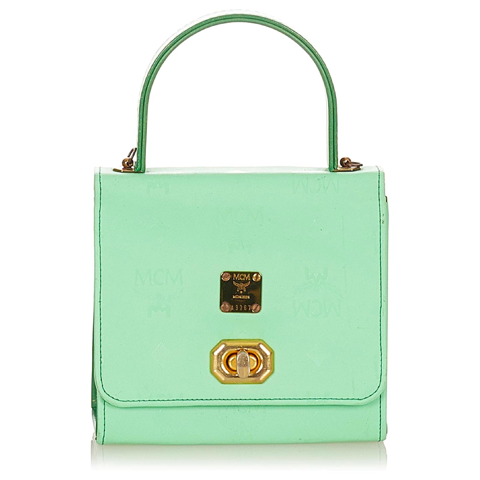 MCM Green Visetos Leather Satchel Golden Light green Metal Pony-style ...