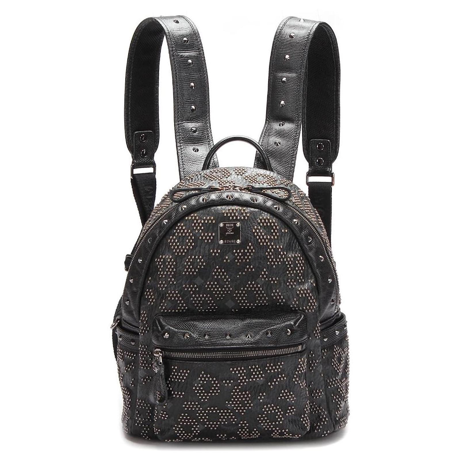 MCM Visetos Leopard Stud Backpack Black Cloth ref.602704 - Joli Closet
