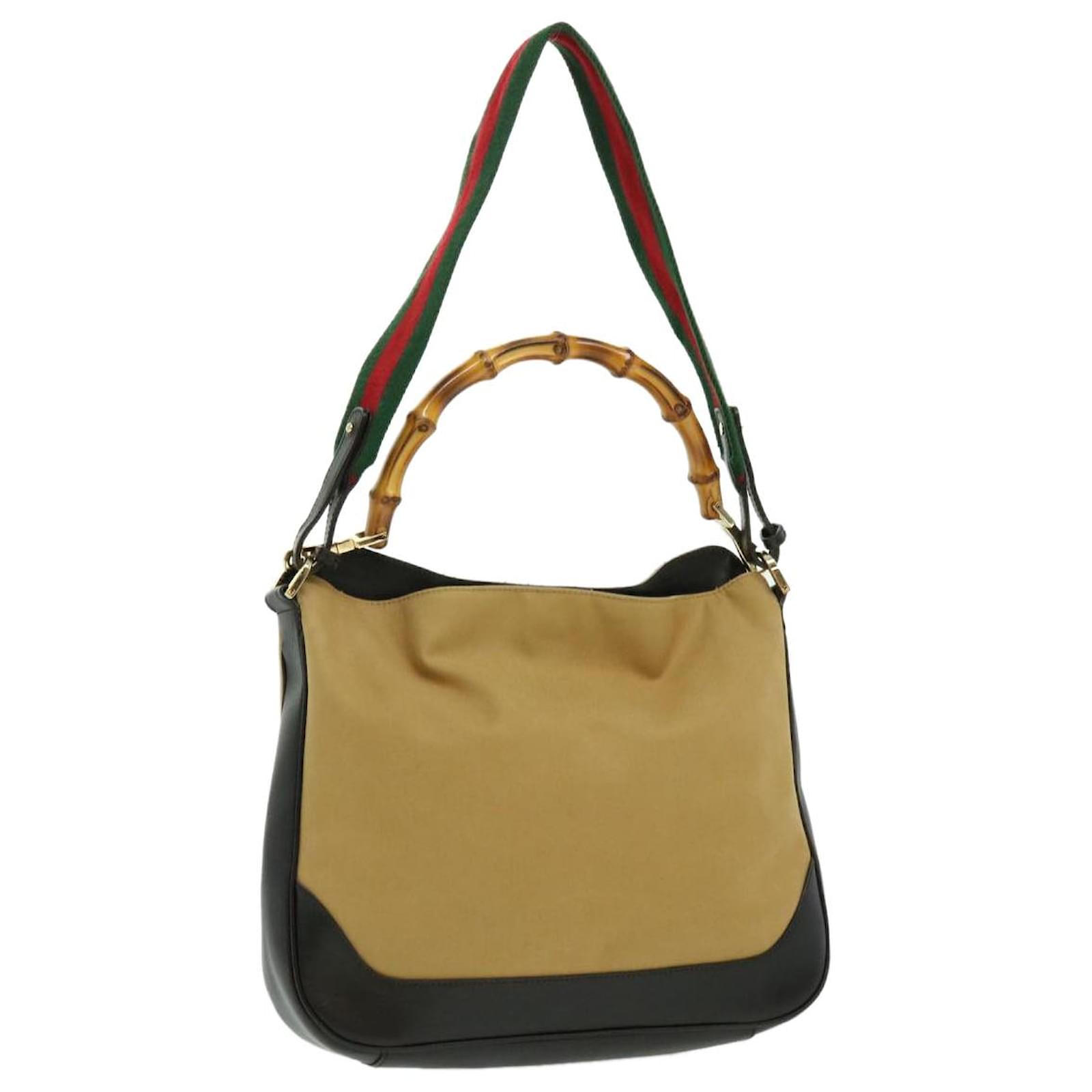 GUCCI Wood Hand Bag Canvas Leather Beige Brown Auth rd2214 Cloth ref ...