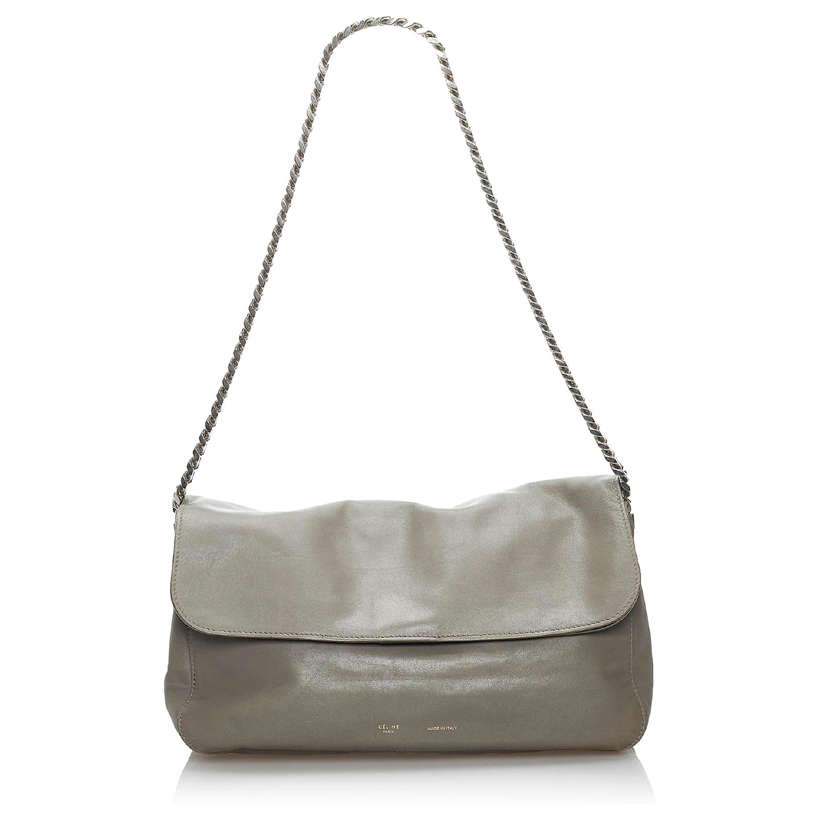 Céline Celine Gray Chain Leather Shoulder Bag Grey Pony-style calfskin ...