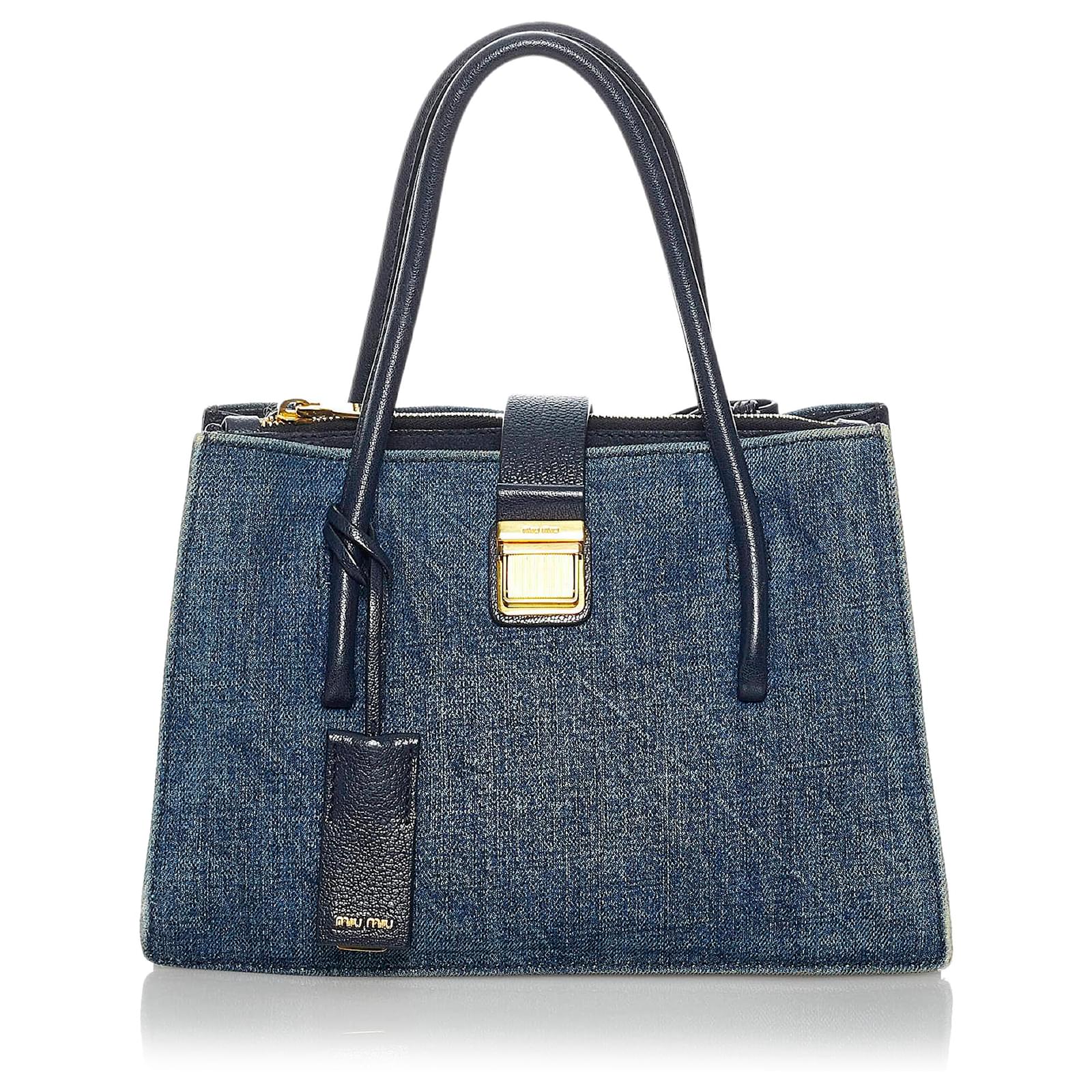 Miu Miu Blue Denim Satchel Black Leather Pony-style calfskin Cloth ref ...