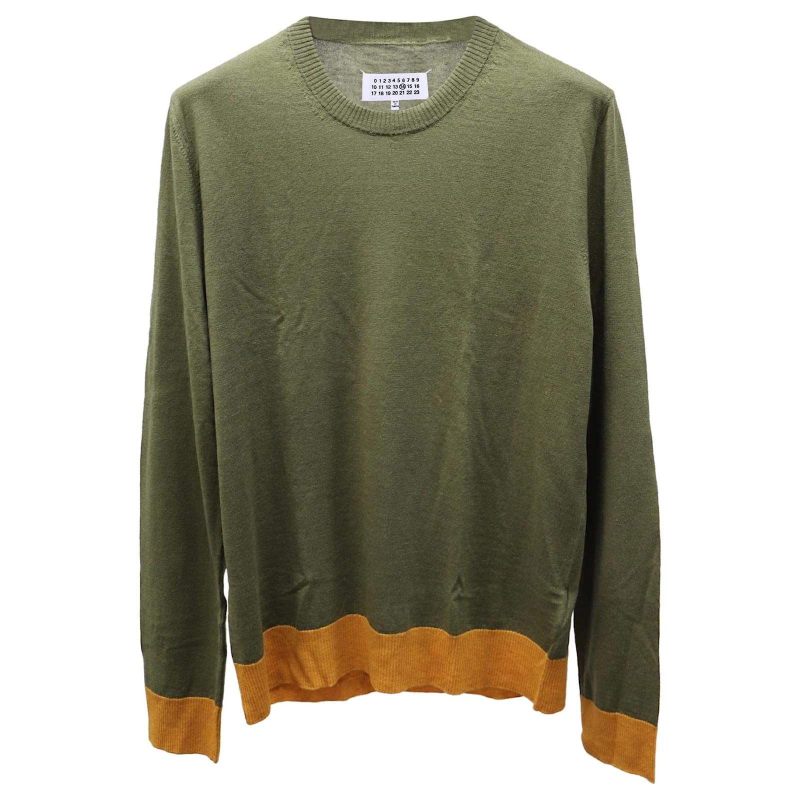Maison Martin Margiela Pull avec coudière en cuir en lin vert kaki ref ...