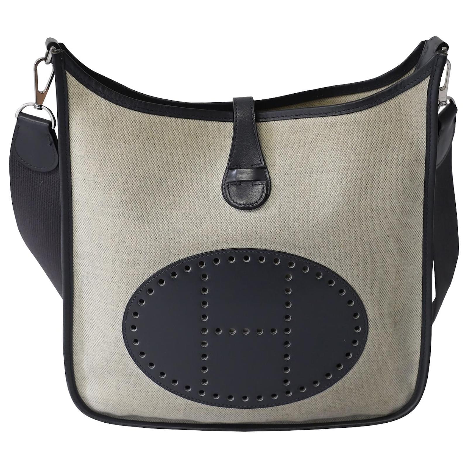 Hermès Hermes Evelyne Crossbody Bag in Cream Canvas and Black Leather ...