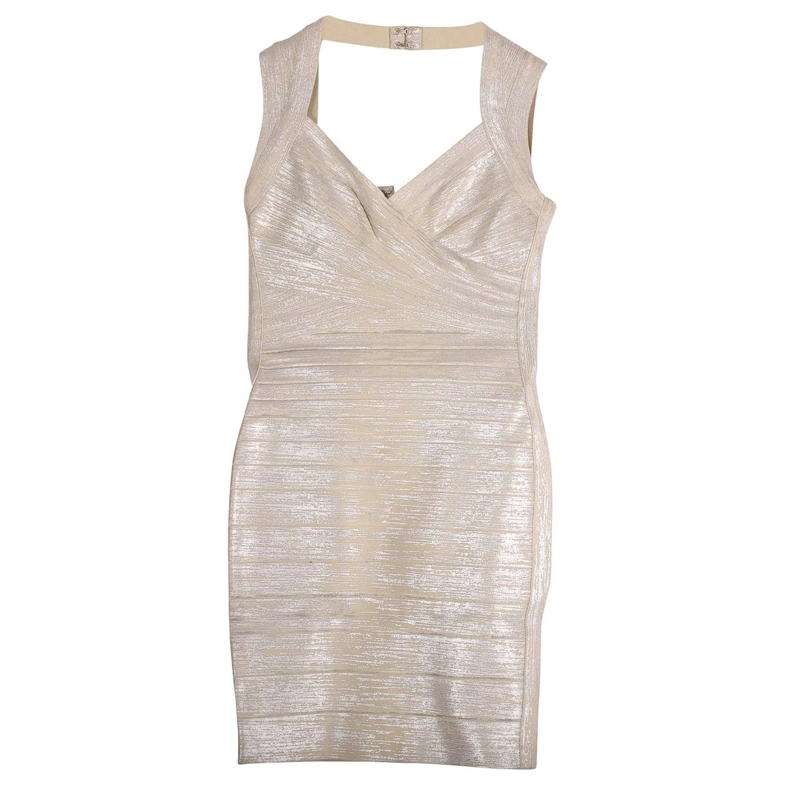 Herve Leger Bandage Bodycon Dress in Metallic Silver Rayon Silvery ...