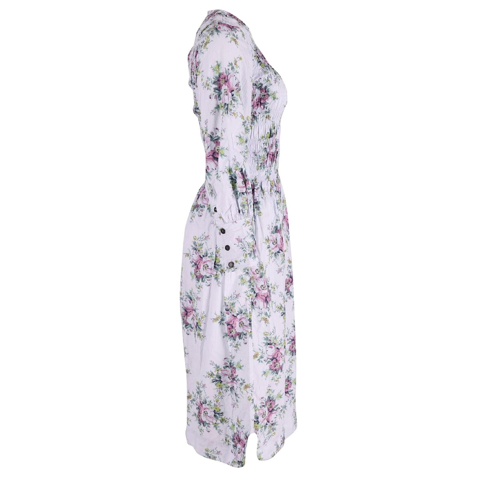 Ganni Shirred Floral Print Midi Dress in Light Blue Organic Cotton ref ...