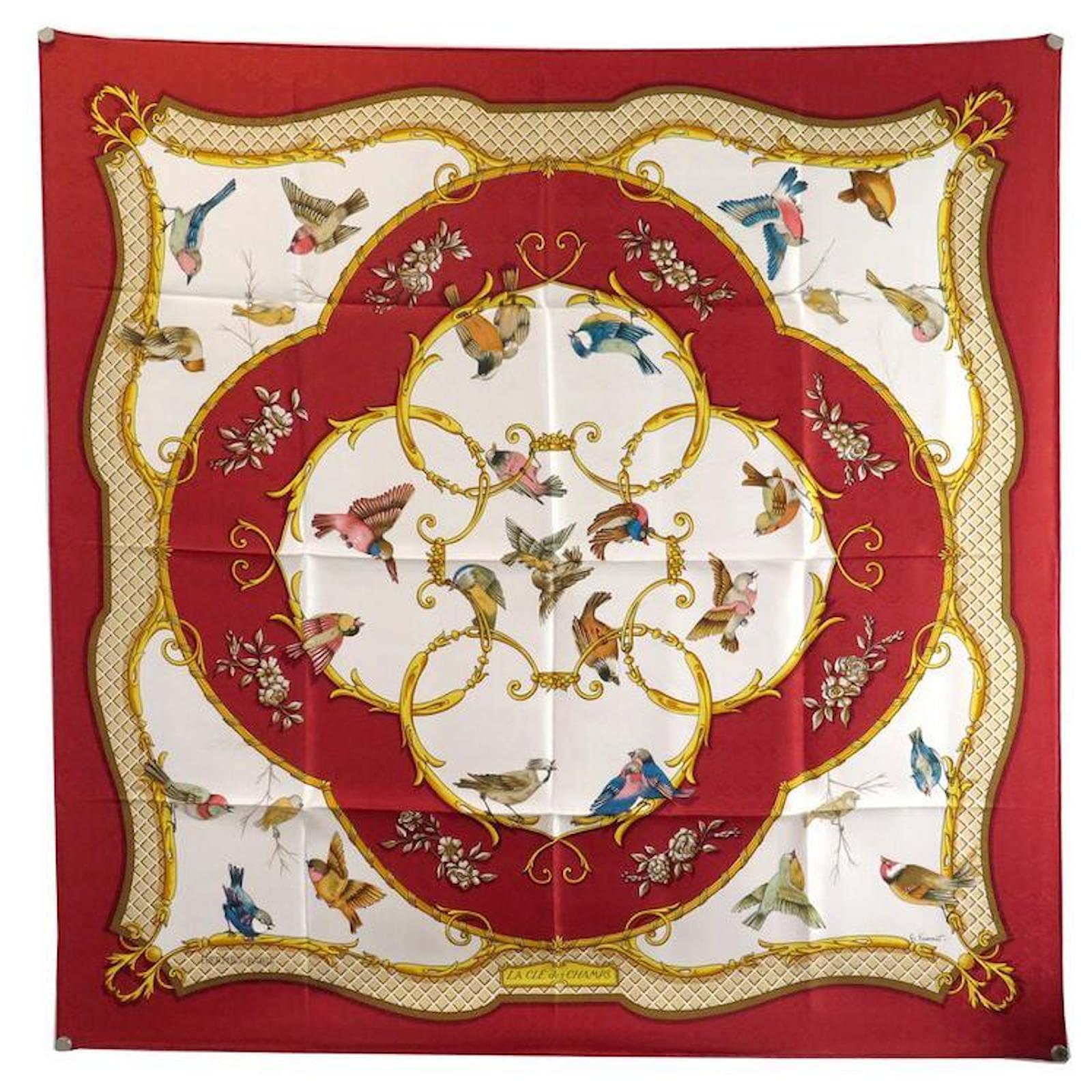Hermès NEW HERMES SCARF LA CLE DES CHAMPS FRANCOISE FACONNET BROOCHED SILK SCARF Red ref.617249 ...