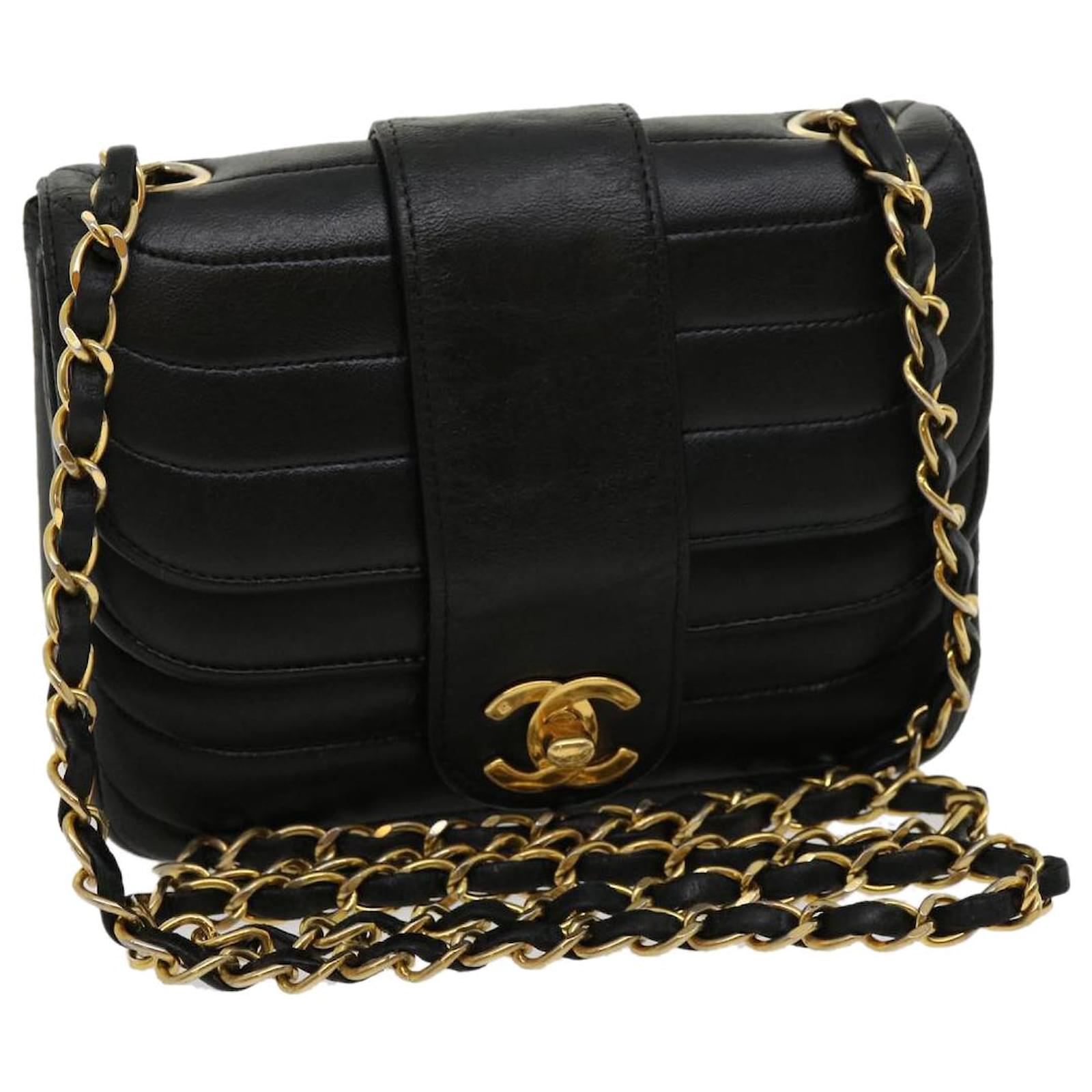 CHANEL Border stitch Turn Lock Chain Shoulder Bag Lamb Skin Black CC ...