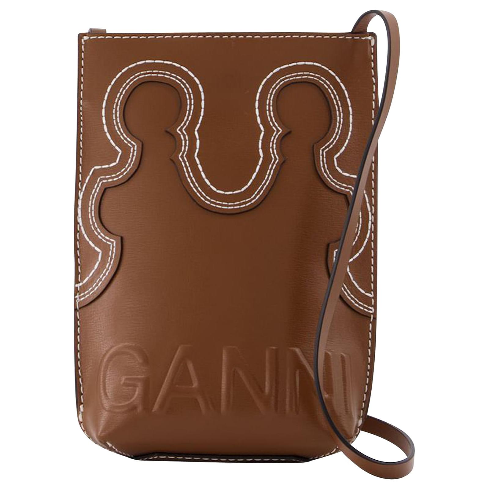 Ganni Petit Sac Bandoulière Western Banner en Cuir Marron ref.JC623057 ...