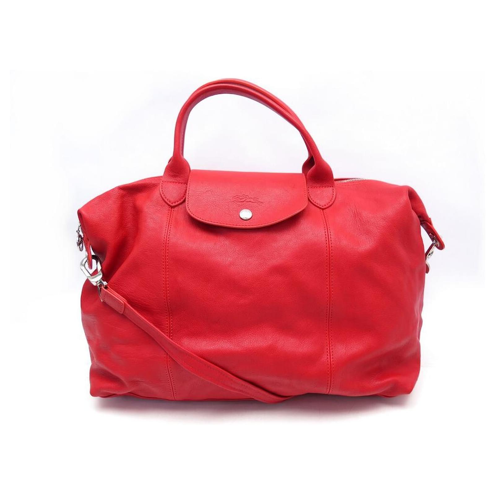 LONGCHAMP PLIAGE HANDBAG 16307377608 HAND BAG RED LEATHER CROSSBODY ref ...