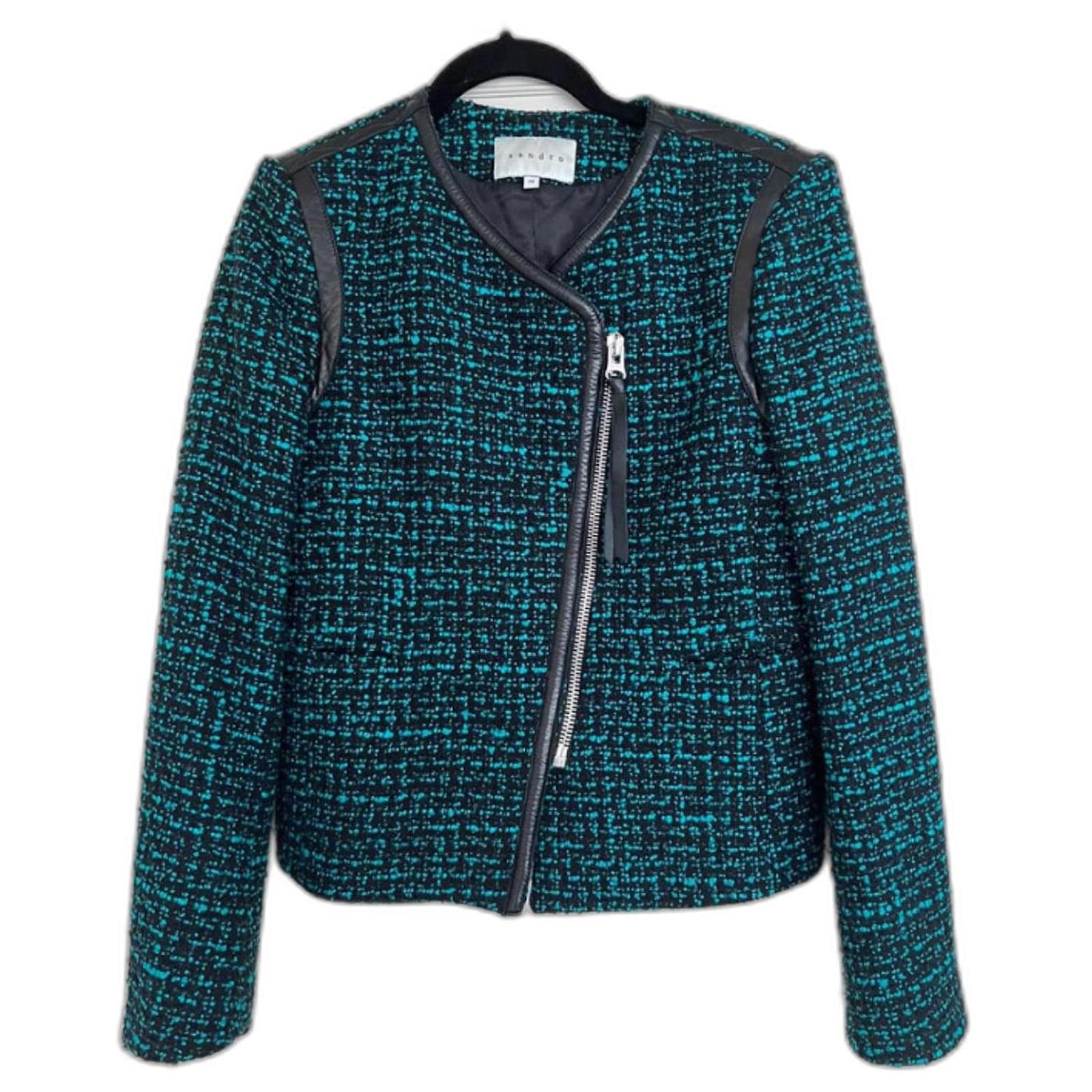 Sandro tweed effect biker jacket Black Dark green Leather Polyester ref ...