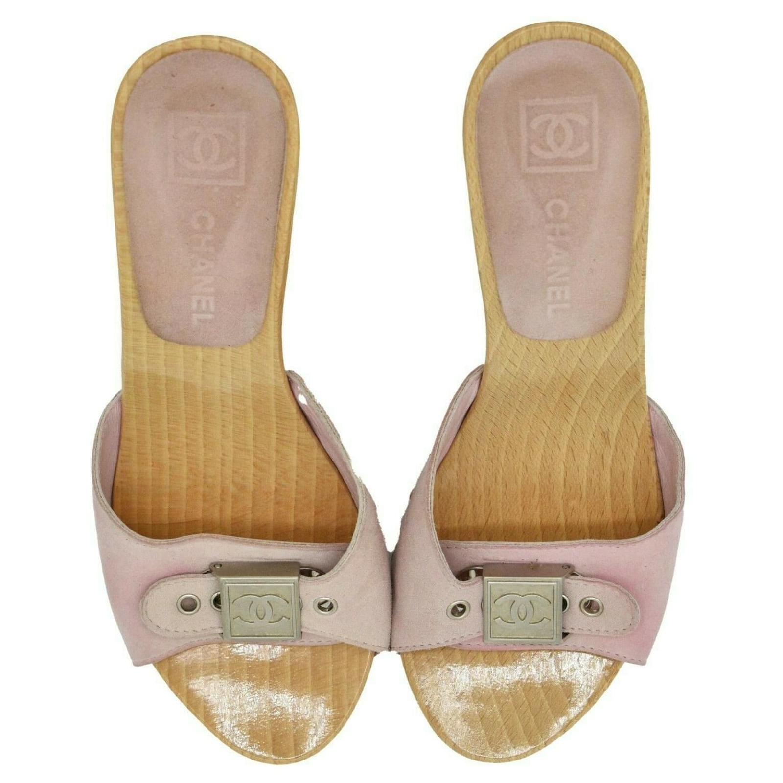 Chanel - Wood Slide Heels Sandals - Pink Suede CC Logo Buckle Leather ...