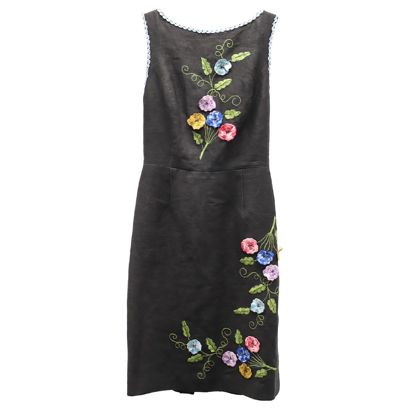 Anna Sui Vintage Robe fourreau florale brodée en lin noir ref.630369 ...