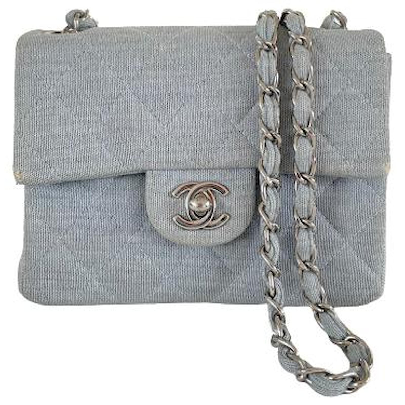 Classique Chanel carré mini coton bleu matériel argent Bleu clair ref ...
