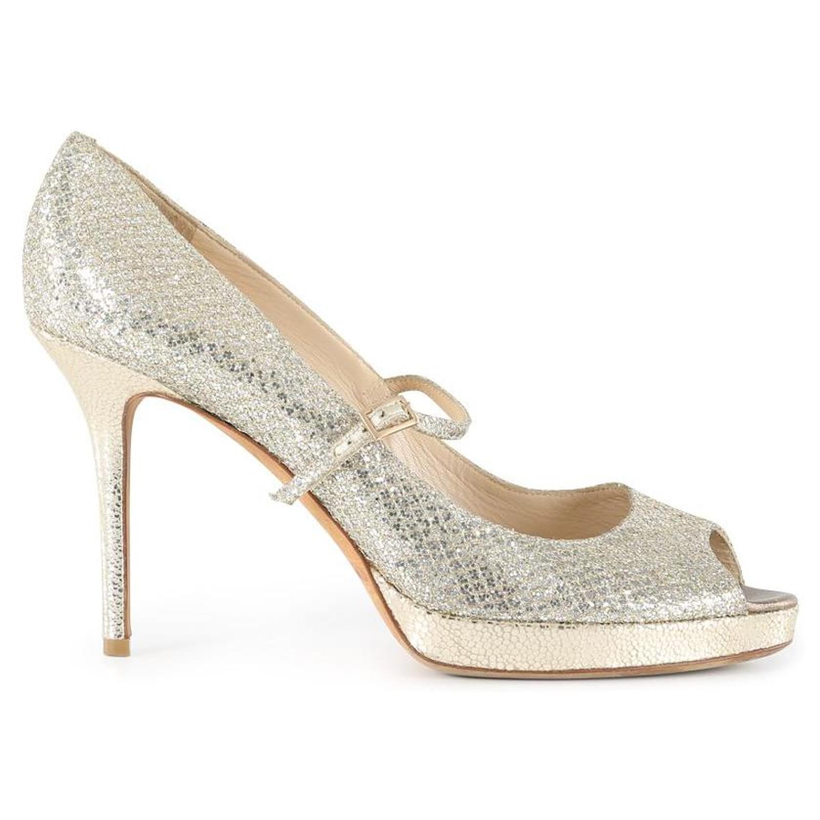 Jimmy Choo Silver Glitter and Gold Leather Stitch Pumps Golden Metallic ...