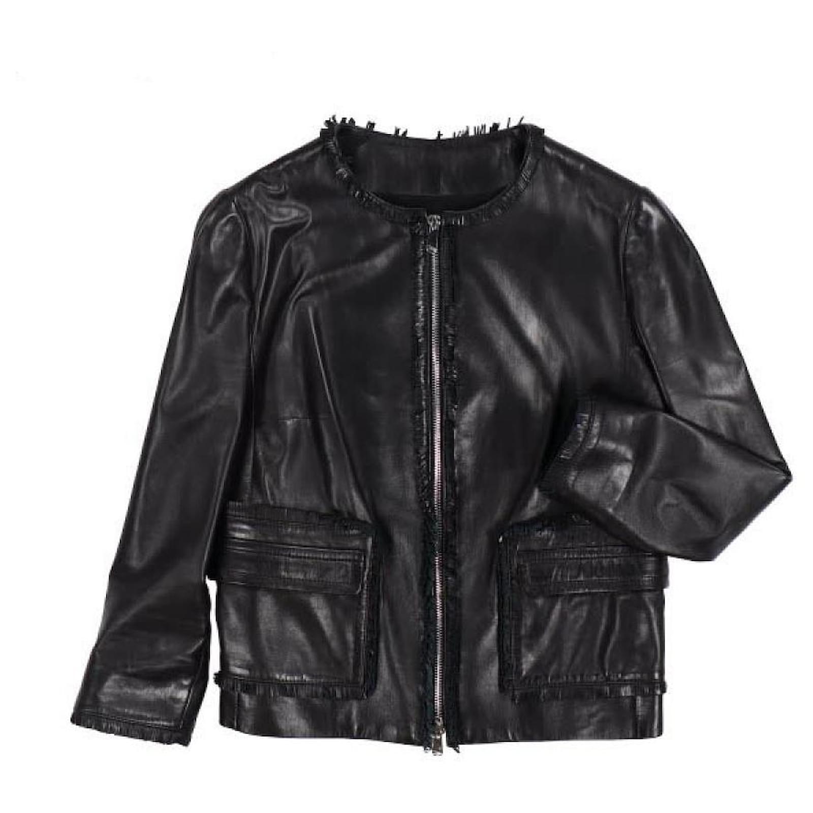 *Christian Dior leather jacket No color sheep leather Zip up Fringe I38 ...