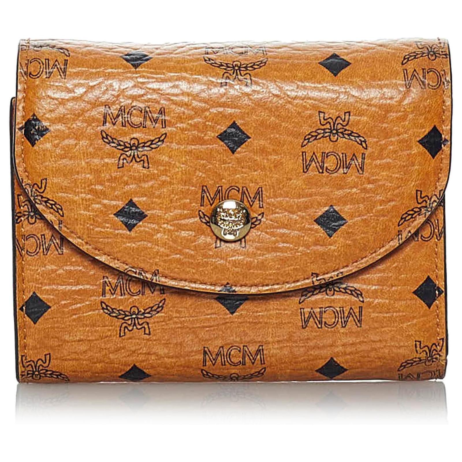 Portefeuille compact MCM en cuir Visetos marron Veau façon poulain ref ...